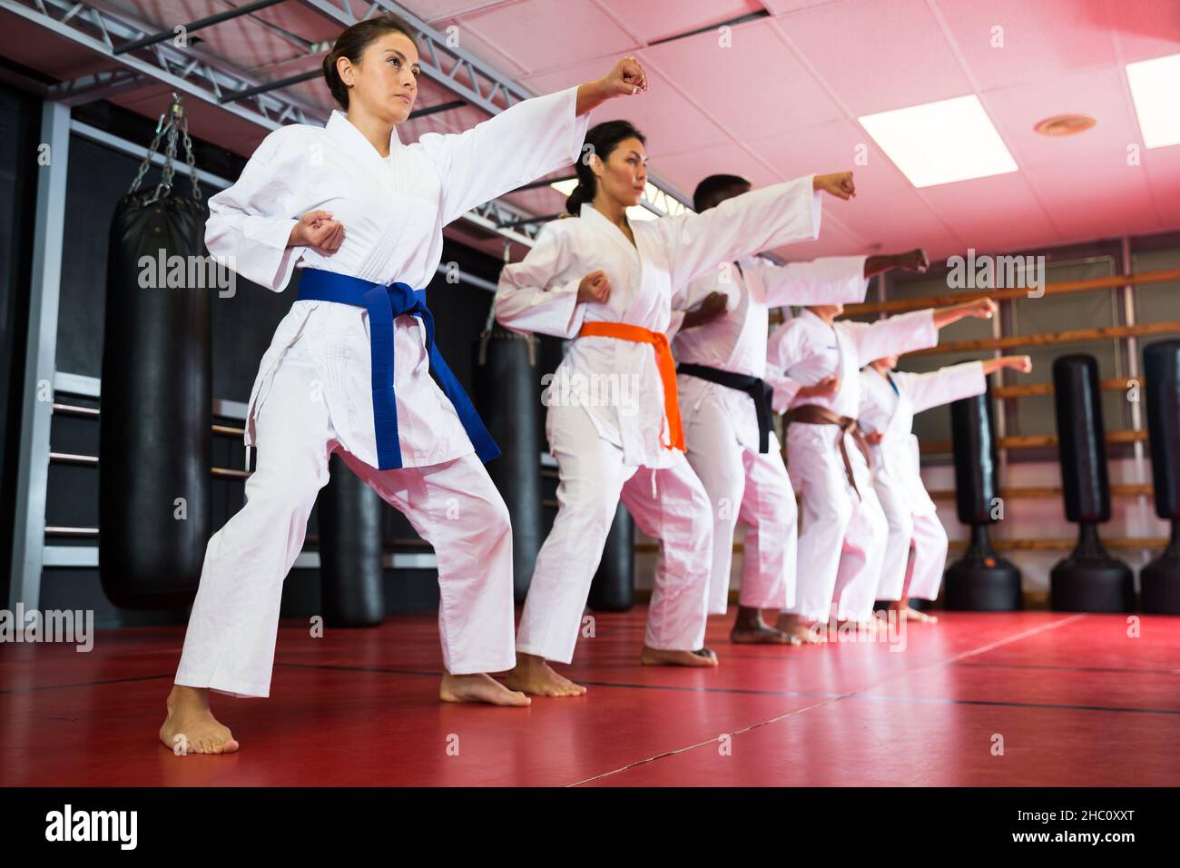 Polyethnic men and women in kimono exercising kata Stock Photo - Alamy