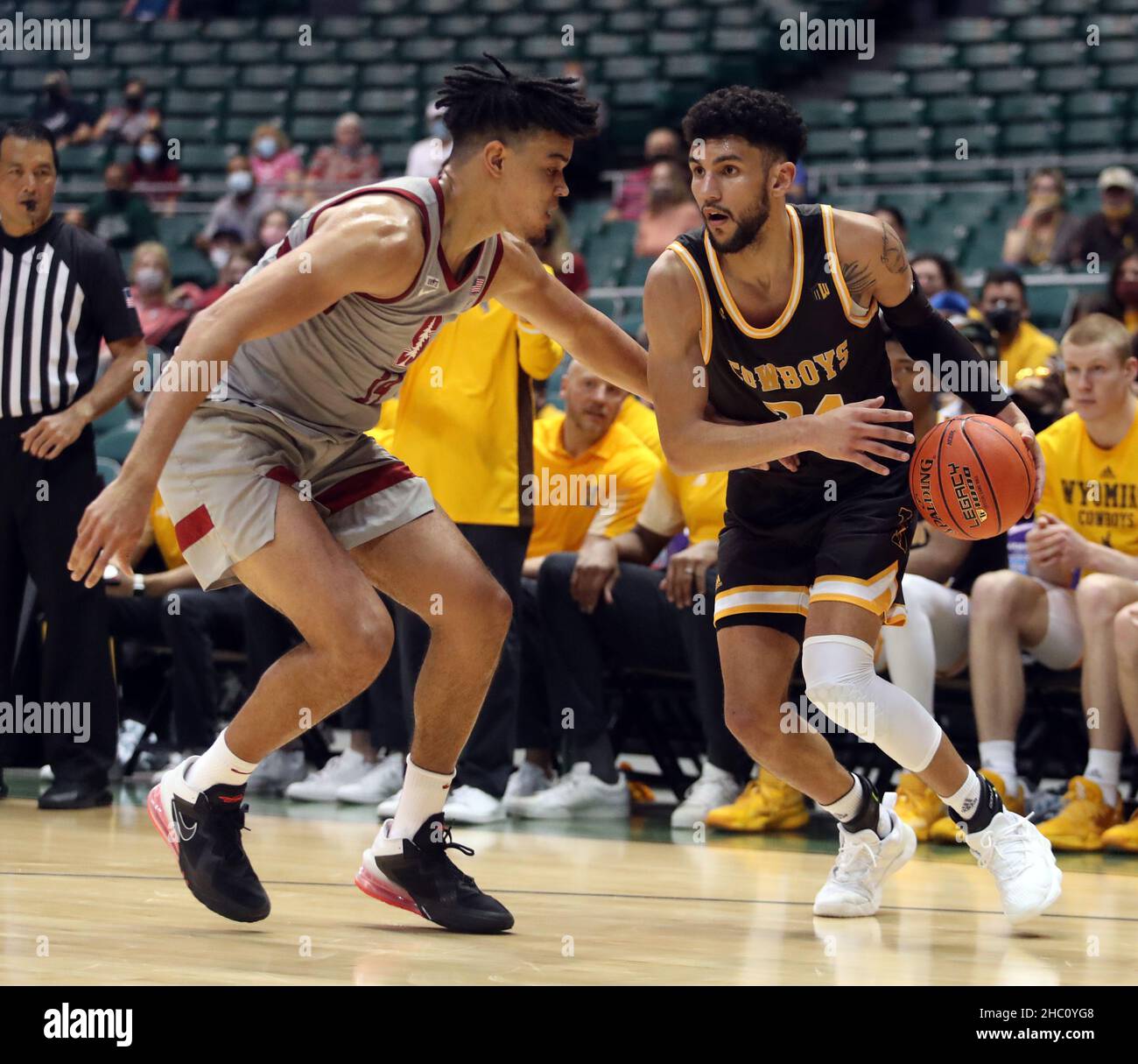 December 22, 2021 - Stanford Cardinal forward Spencer Jones #14 defends ...
