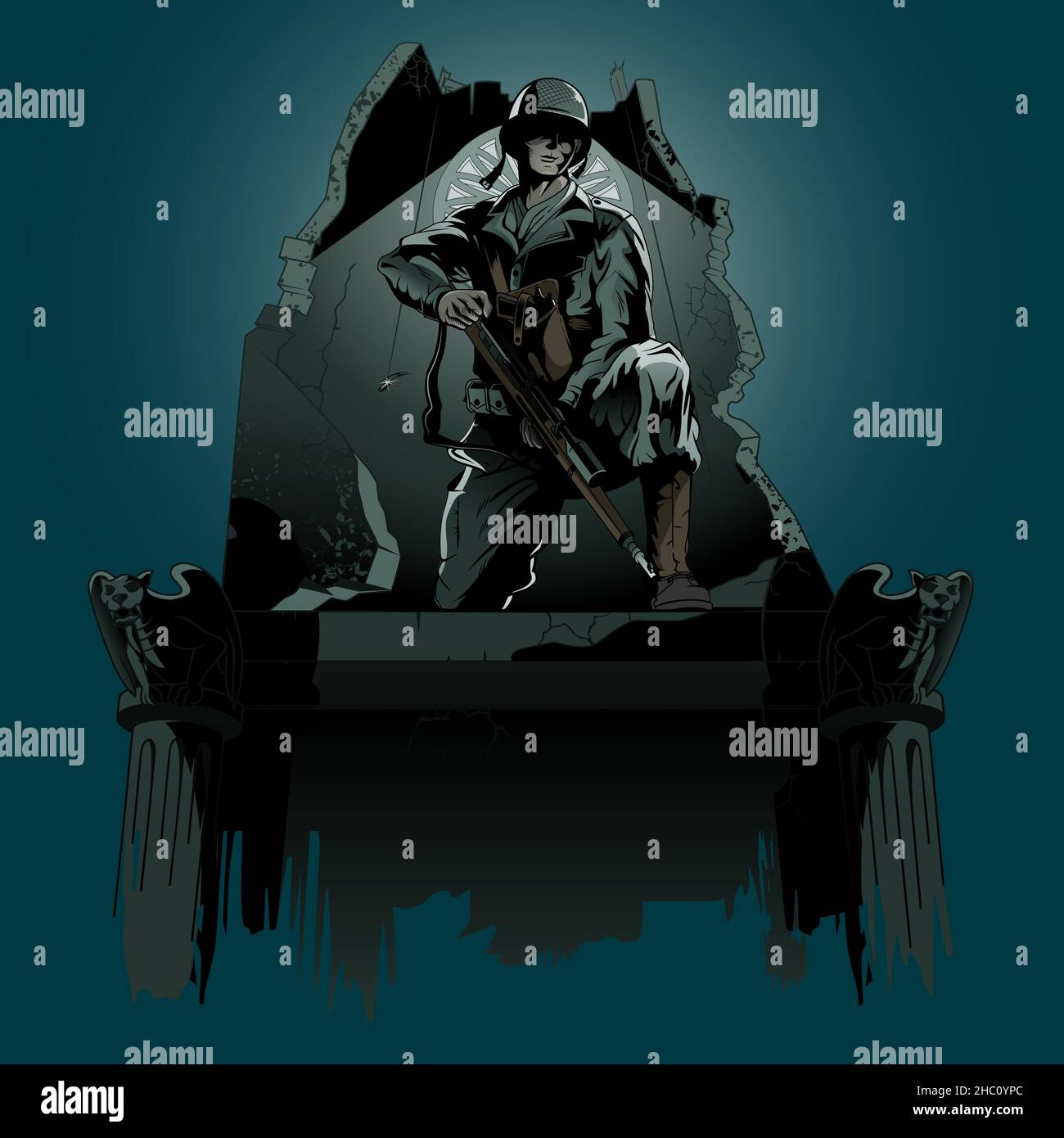 Sniper crouch position at the top of church tower looking at the fallen ...