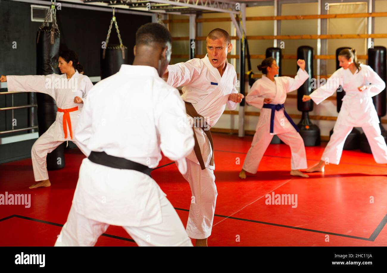 Men fighting during group karate training in gym Stock Photo - Alamy