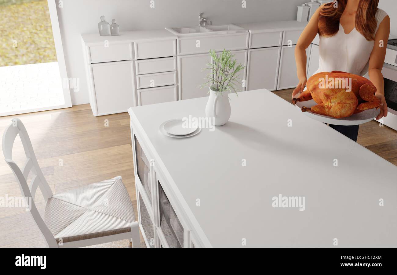 Young woman preparing roasted turkey meal for Thanksgiving. Female ...