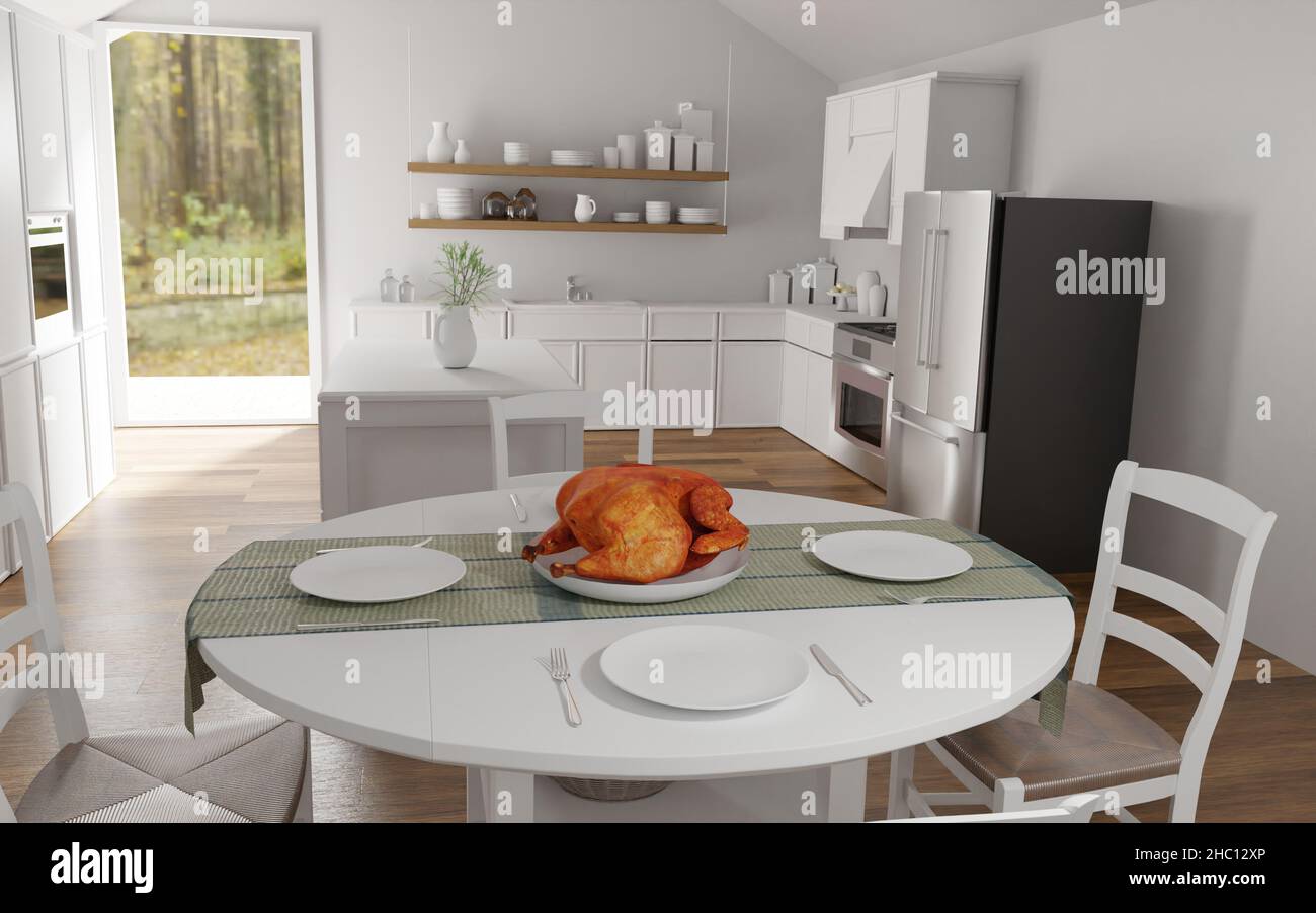 Roasted turkey for Thanksgiving on dining table in modern kitchen. 3D ...