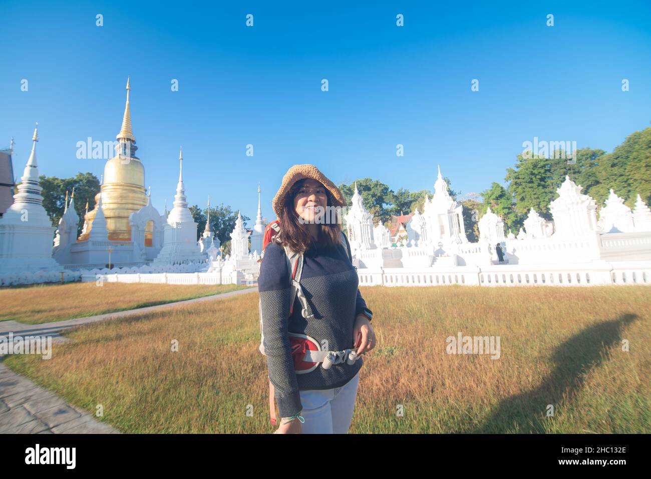 Happy tourist asian backpack women travel in Chiangmai temple with ...