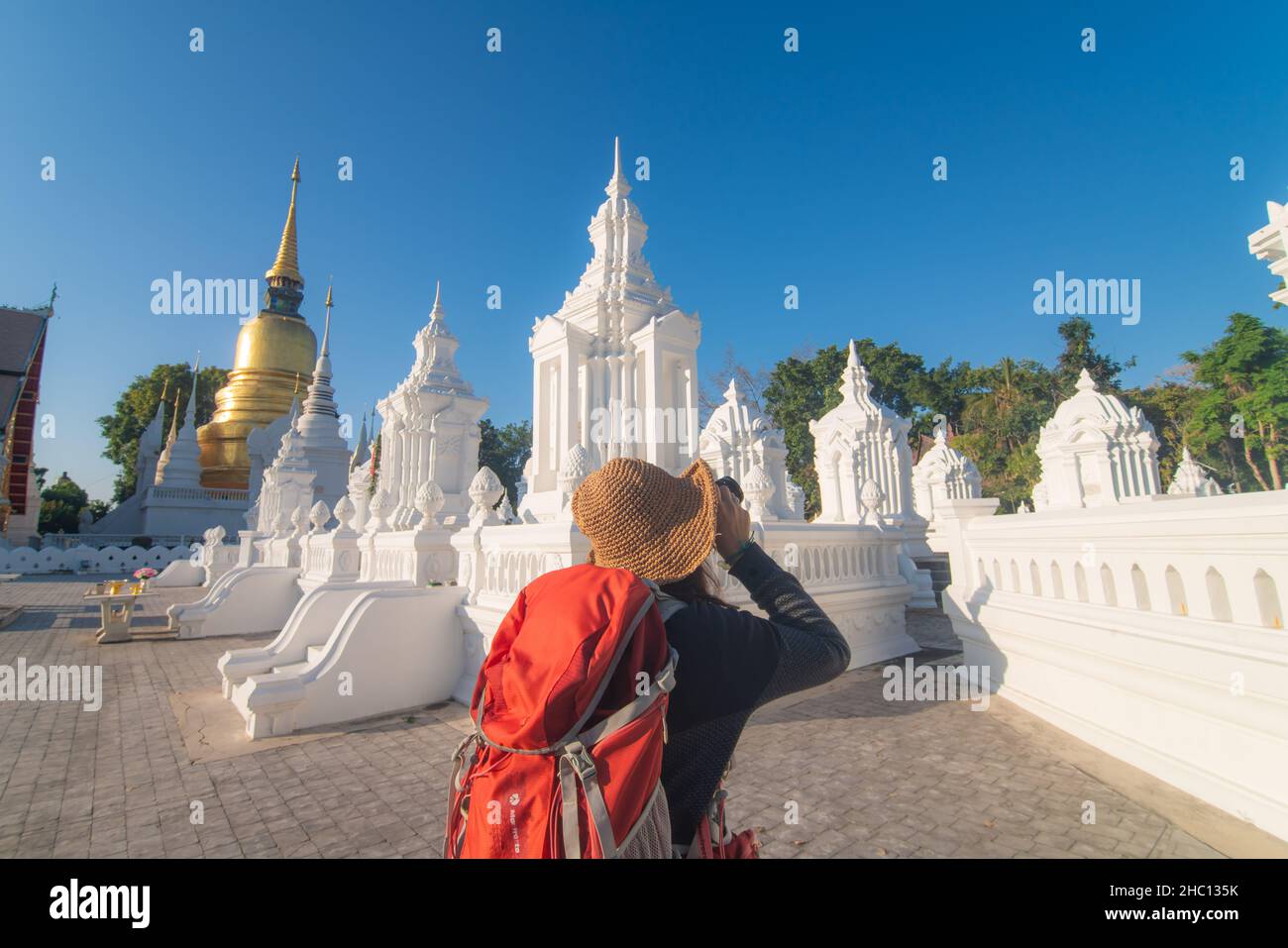 Happy tourist asian backpack women travel in Chiangmai temple with ...