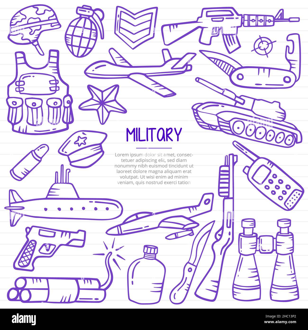 military doodle hand drawn with outline style on paper books line ...