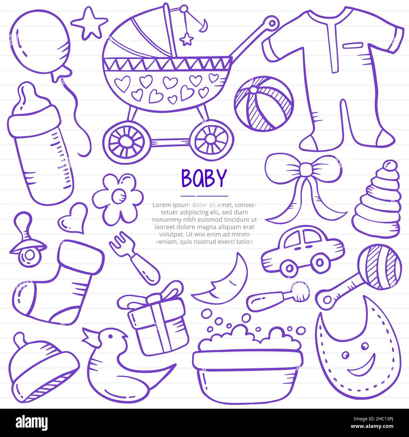 baby doodle hand drawn with outline style on paper books line vector ...