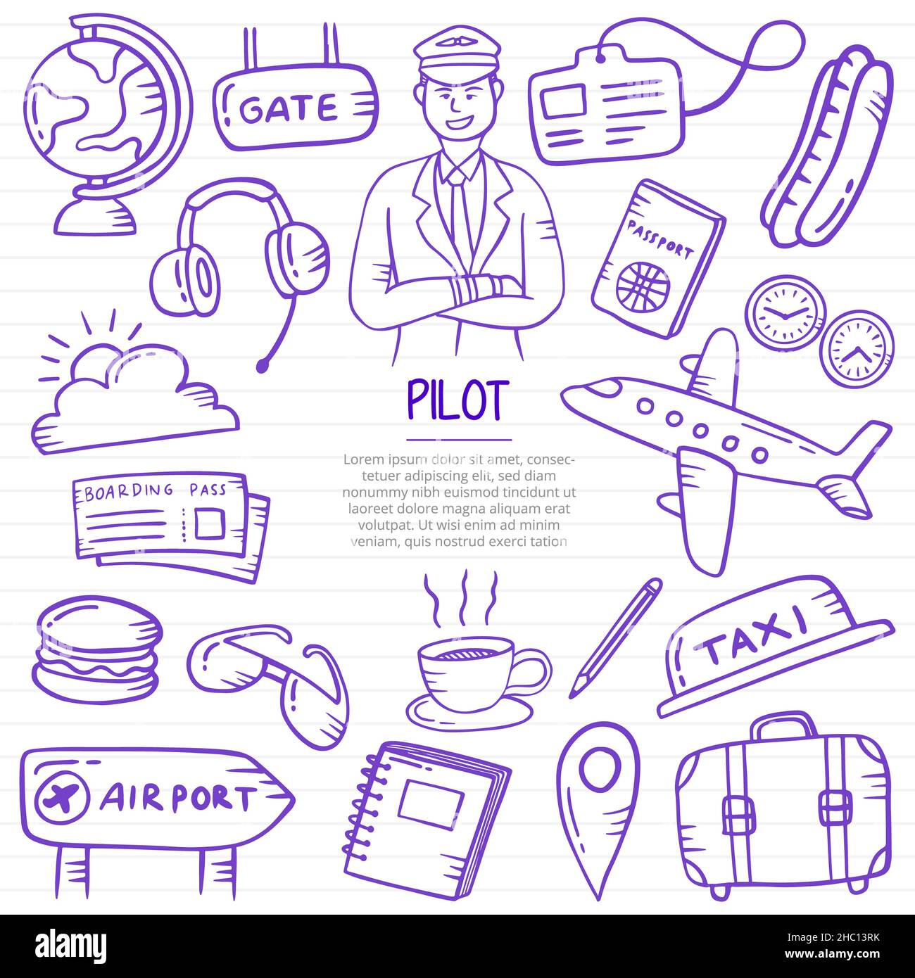 pilot doodle hand drawn with outline style on paper books line vector ...