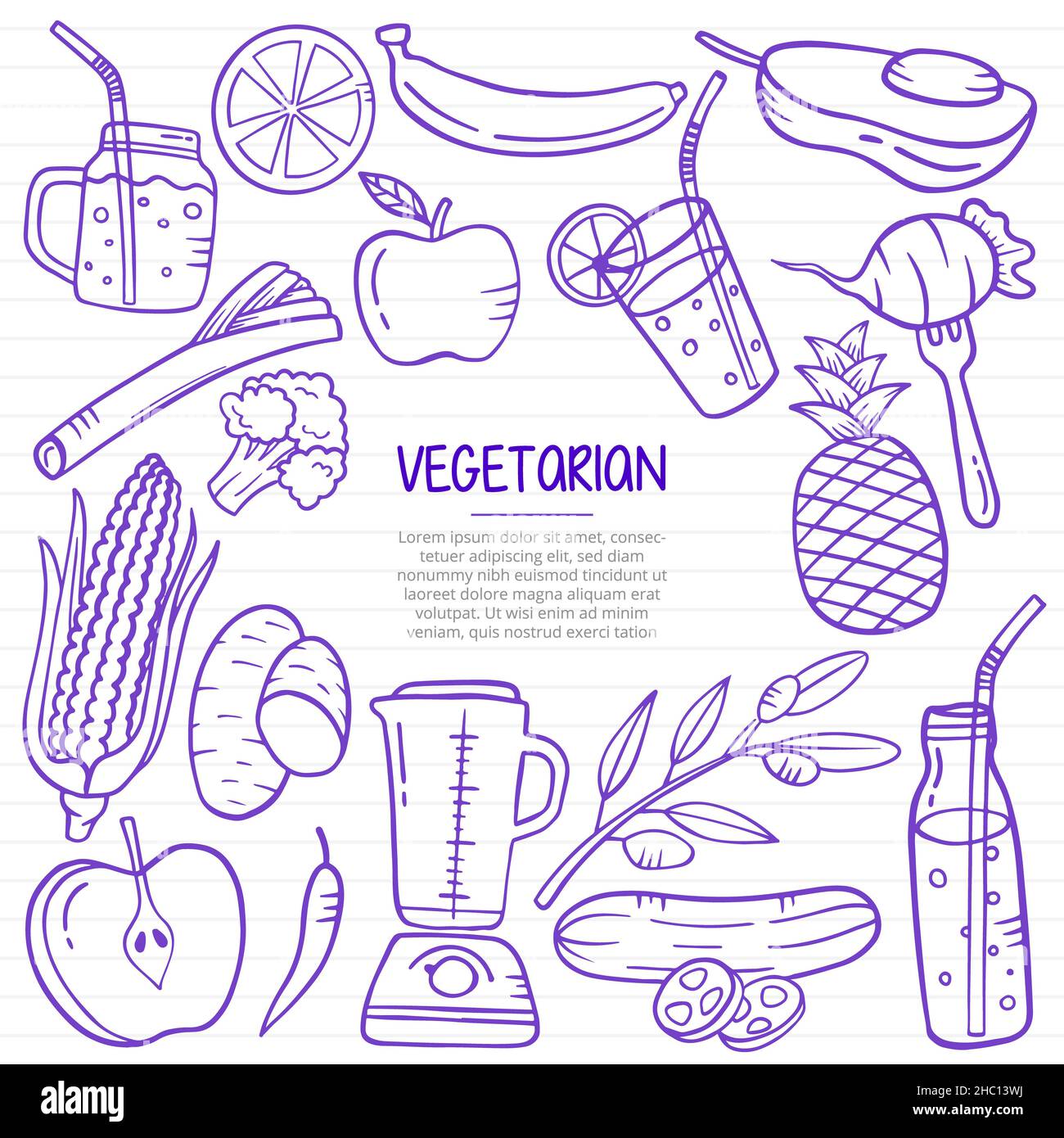 vegetarian doodle hand drawn with outline style on paper books line ...