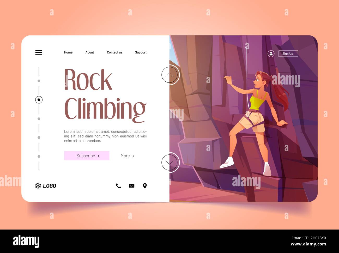 Rock climbing cartoon landing page, woman climb up the mountain. Female ...