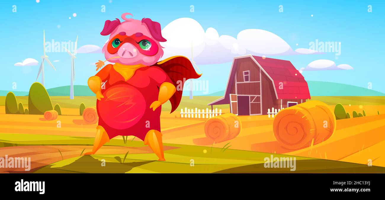 Pig superhero in red costume with cape and mask standing on farm field ...