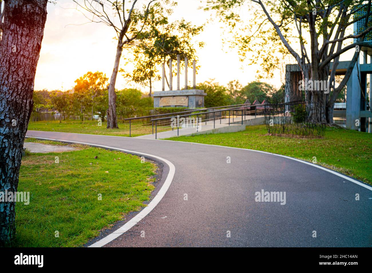 Asphalt walk and run pathway in city public park evening sunset nature ...