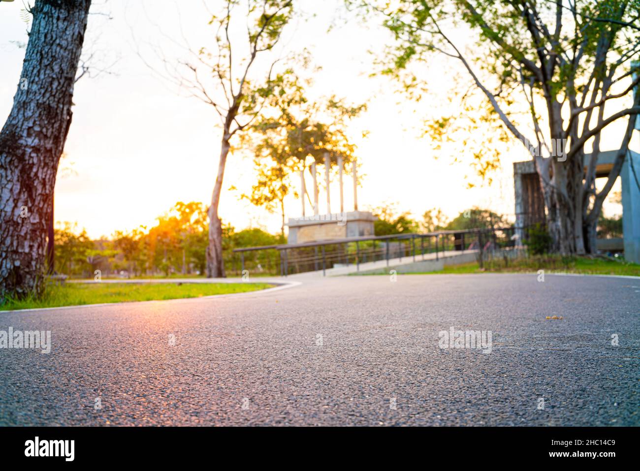 Asphalt walk and run pathway in city public park evening sunset nature ...