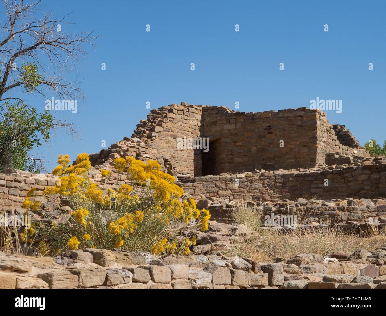 Remains of a stone building at Aztec Ruins National Monument with a ...
