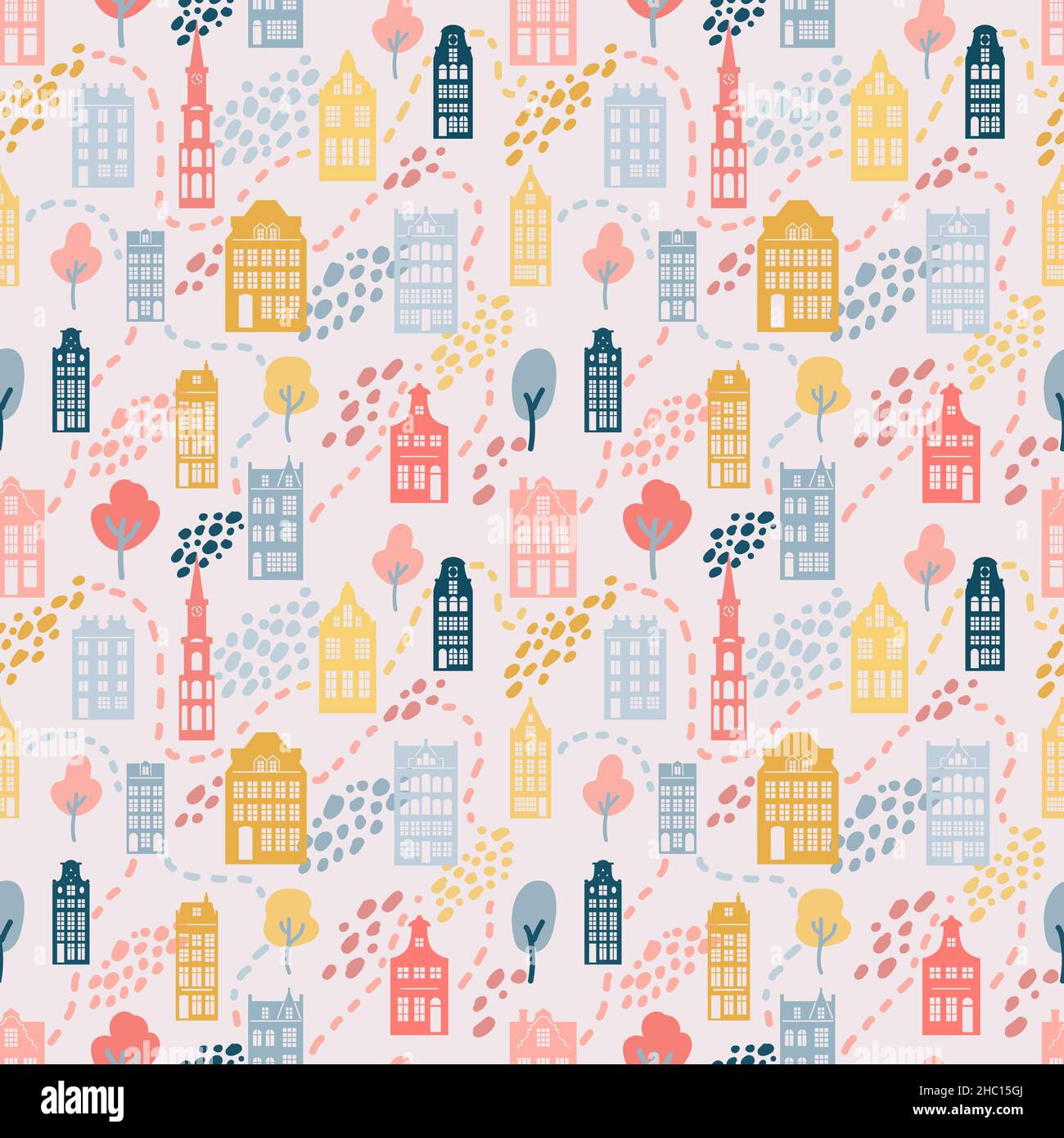 European old houses. Hand drawn seamless pattern with old european ...