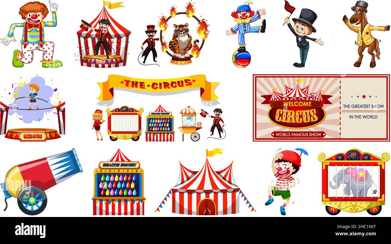 Set of circus characters and amusement park elements illustration Stock ...