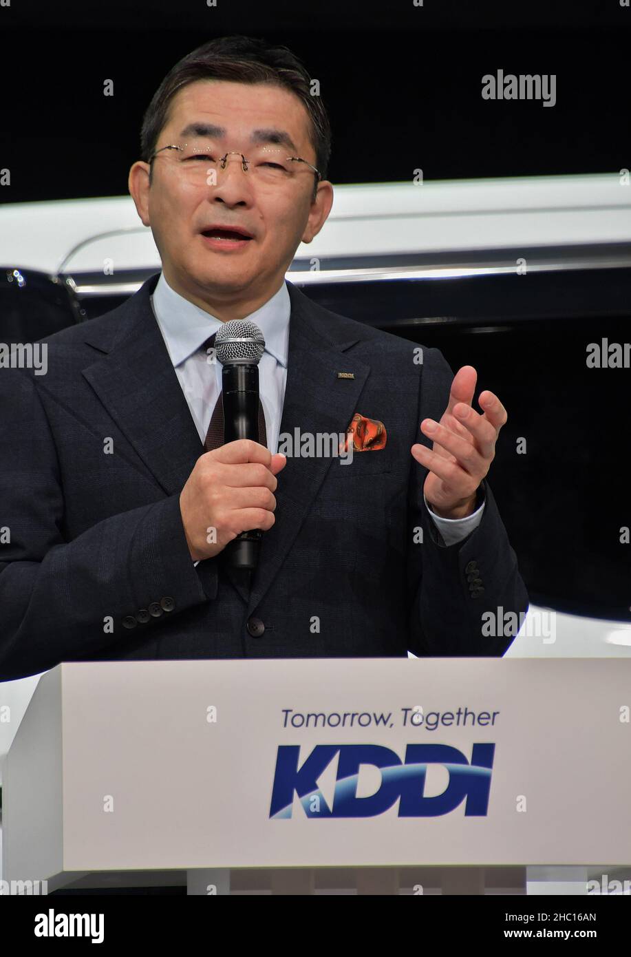 KDDI CORPORATION president Makoto Takahashi speaks during a press conference for their new MaaS ...
