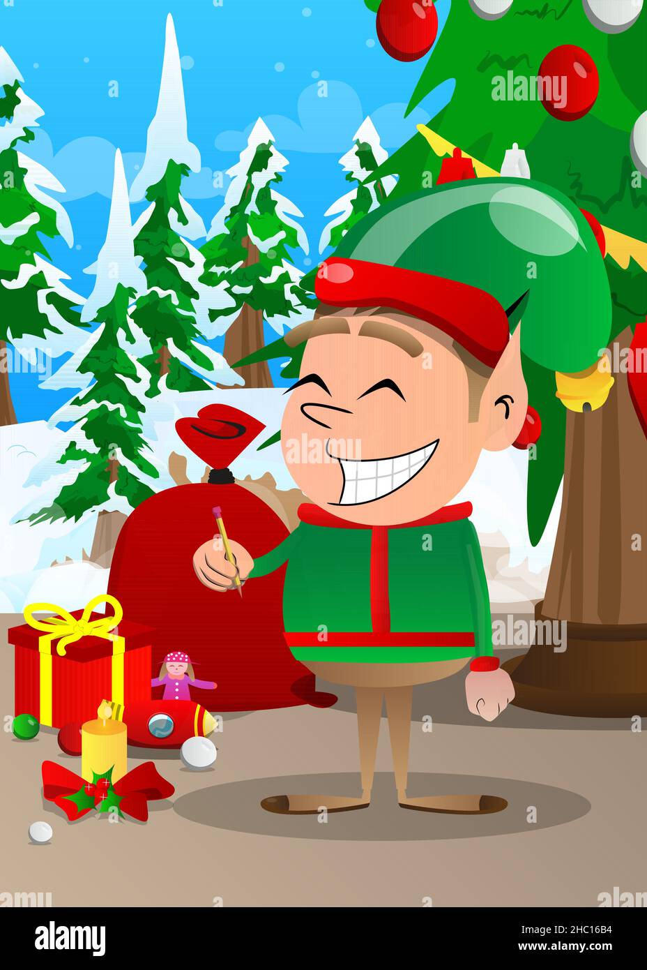Christmas Elf holding a pencil. Vector cartoon character illustration ...