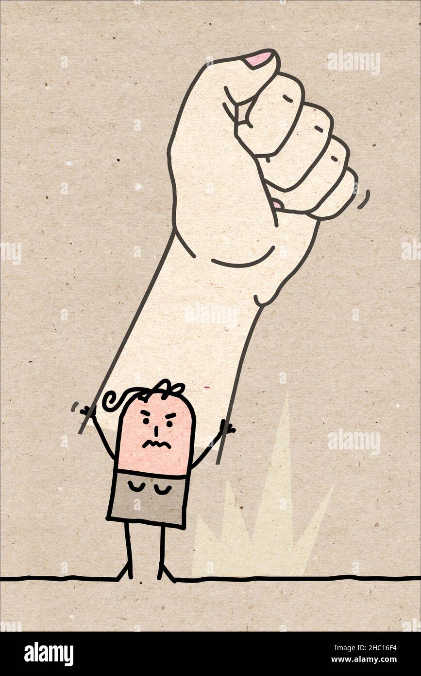Hand drawn Cartoon Angry woman Rising up a Big Fist Stock Photo - Alamy