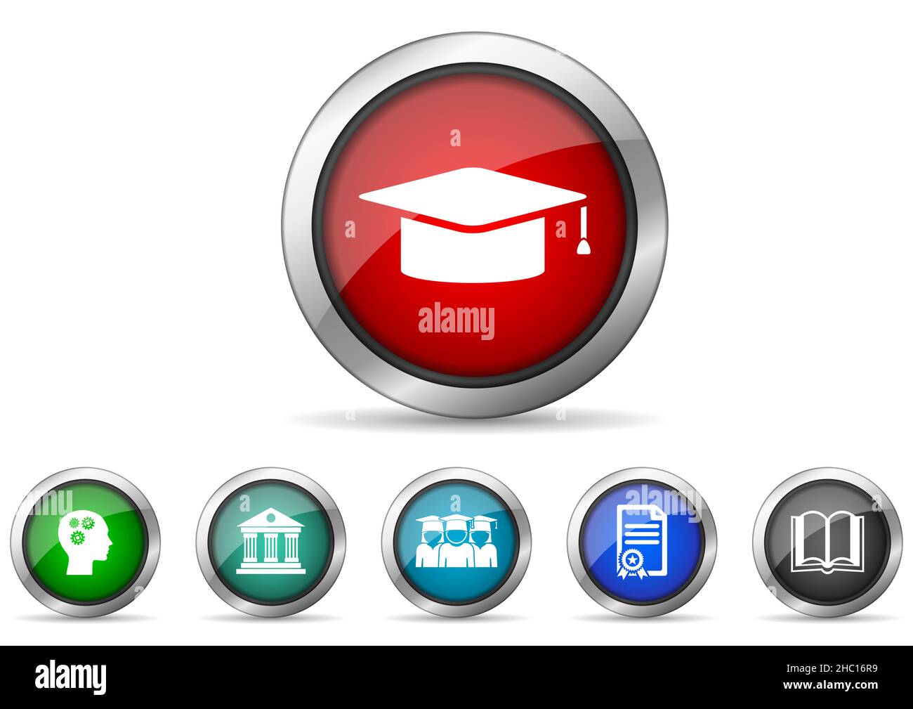 Education, school and university icons, silver metallic circle glossy ...