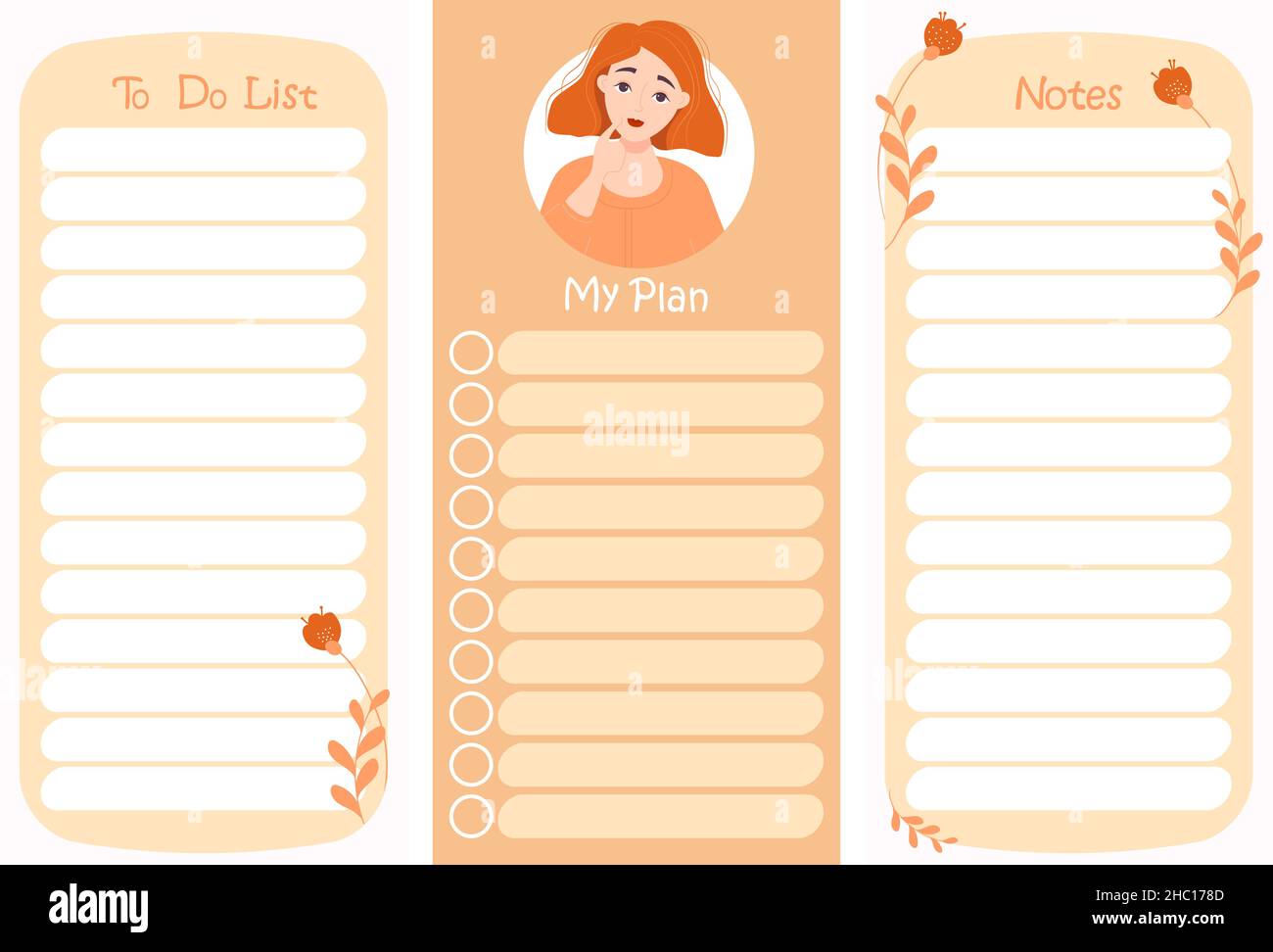 Set of to-do list and notes and plans. Organizer planner with cute girl ...
