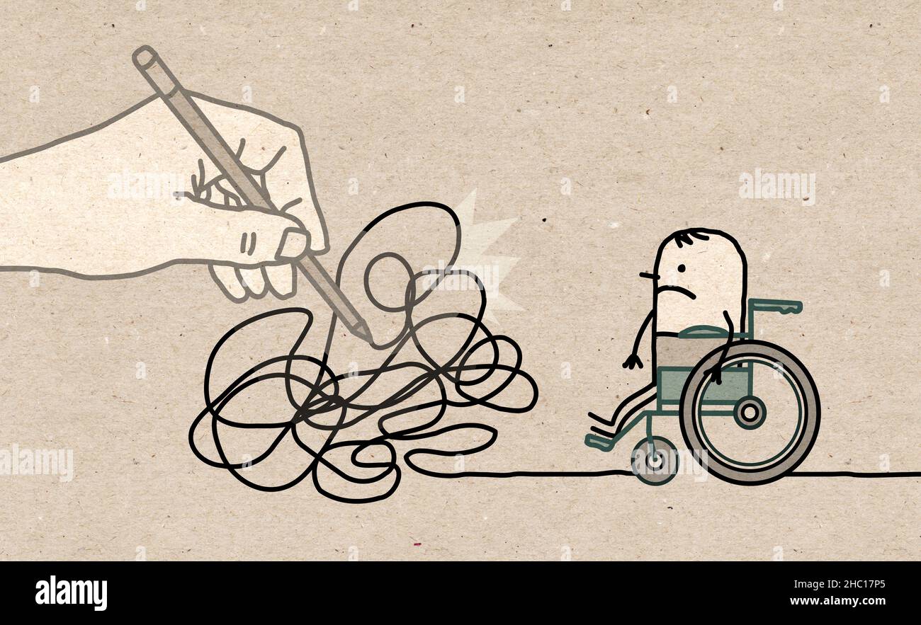 Hand drawn Big Drawing Hand with Cartoon Disabled Man - Tangled Path ...