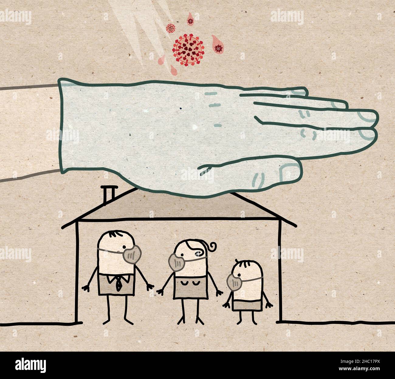 hand drawn Cartoon family with masks against the Virus in a house ...