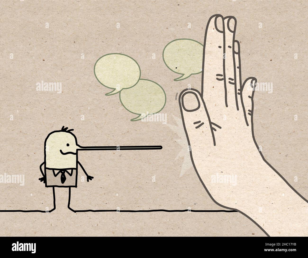 Hand drawn Big Hand with Cartoon Character - Stop Sign Facing a Liar ...