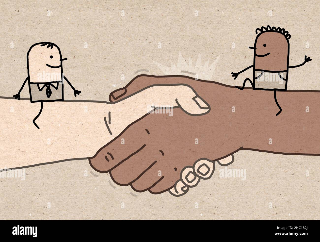 Hand drawn Cartoon Black and White men Meeting on a big Handshake Stock ...