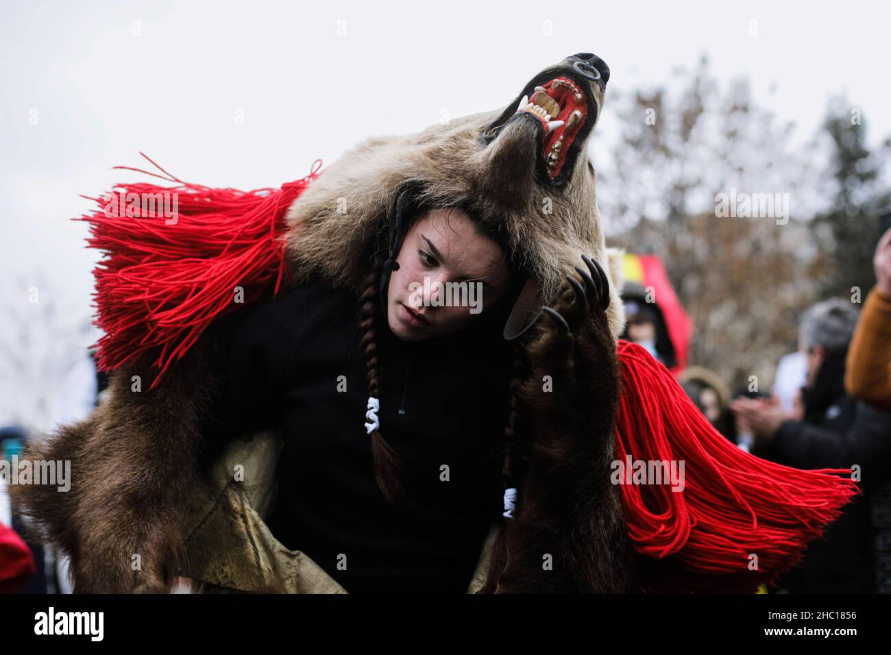 Bucharest, Romania - December 21, 2021: Young woman is wearing bear fur ...