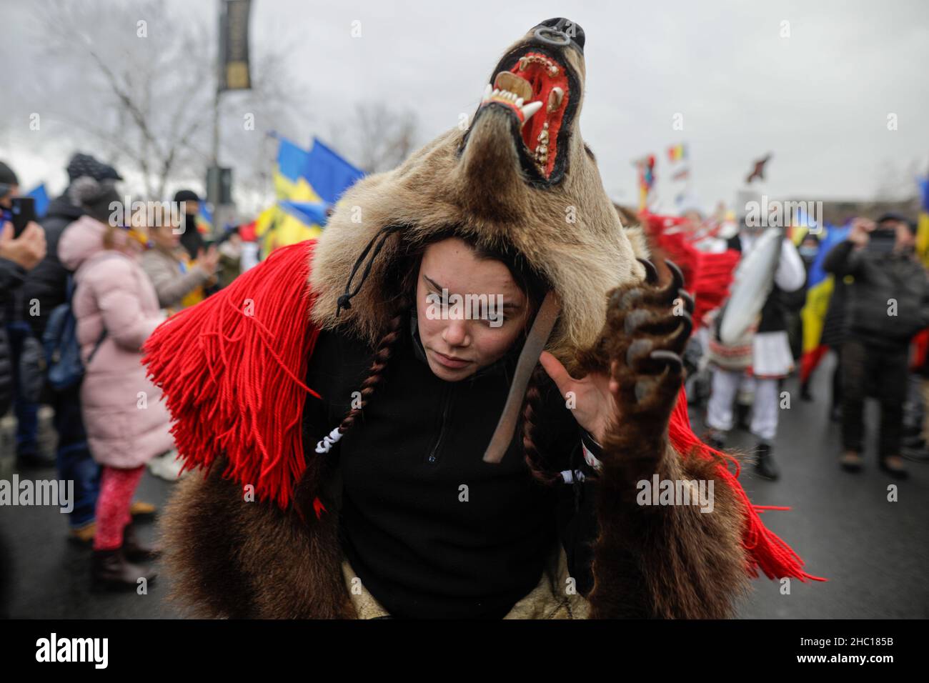Bucharest, Romania - December 21, 2021: Young woman is wearing bear fur ...