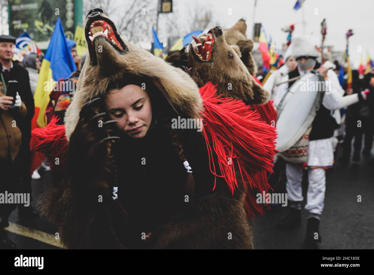 Bucharest, Romania - December 21, 2021: Young woman is wearing bear fur ...