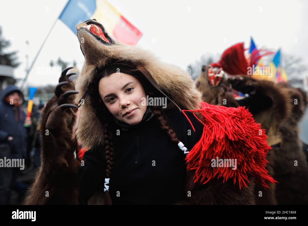 Bucharest, Romania - December 21, 2021: Young woman is wearing bear fur ...