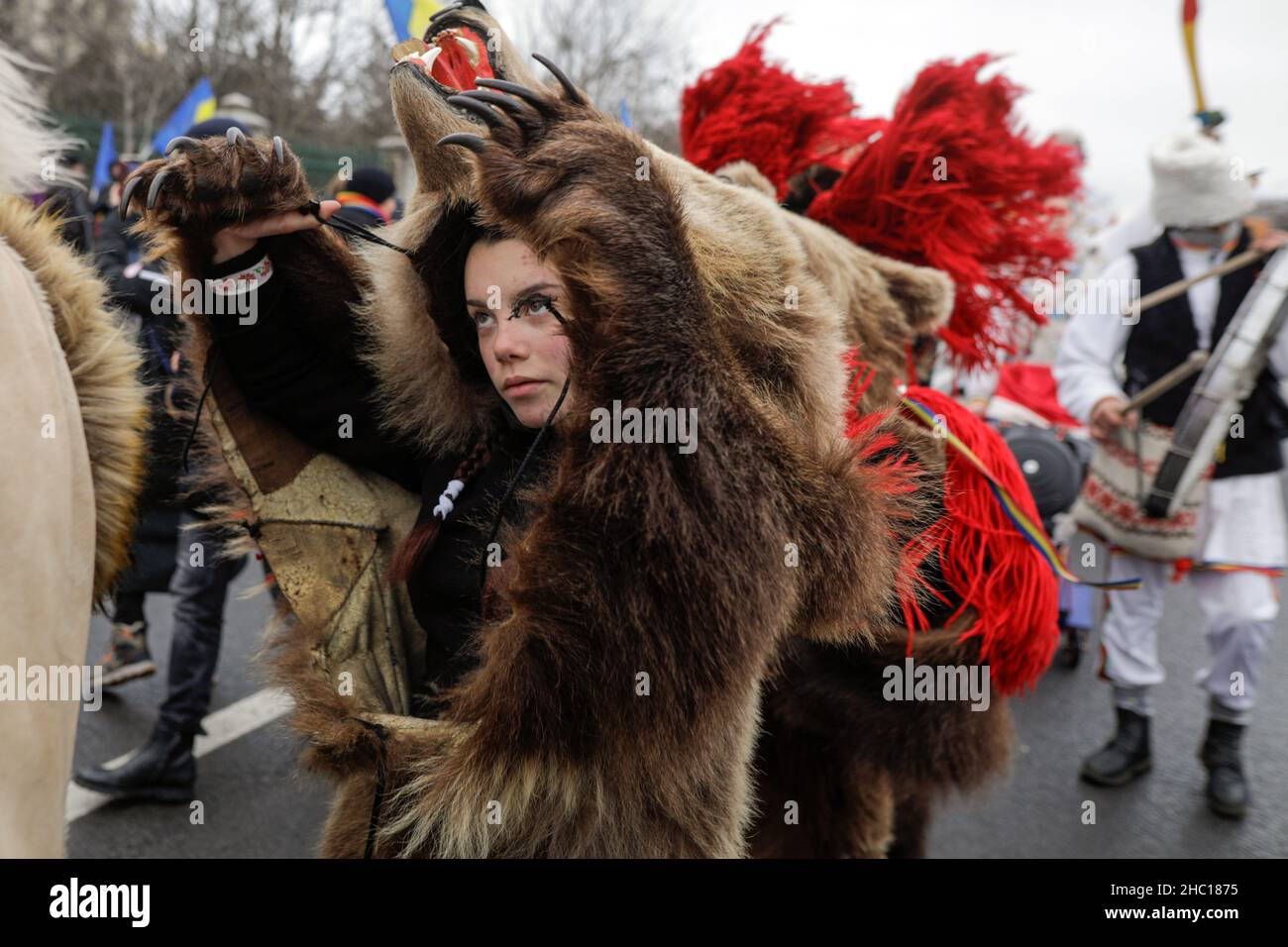 Bucharest, Romania - December 21, 2021: Young woman is wearing bear fur ...