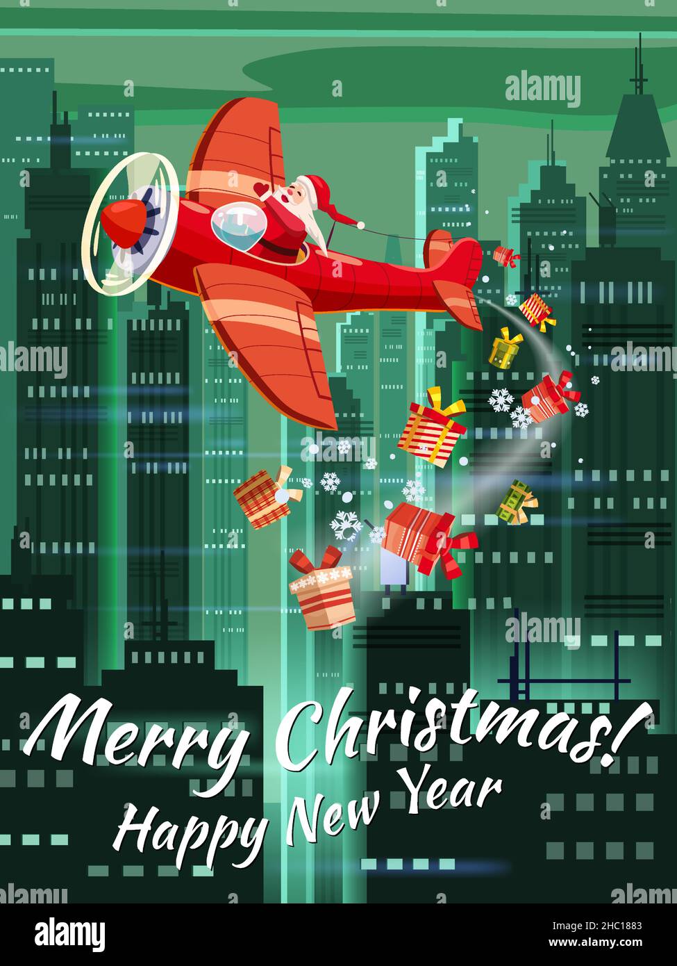 Santa Claus flying on vintage plane, delivering gift boxes, night city background. Christmas ...