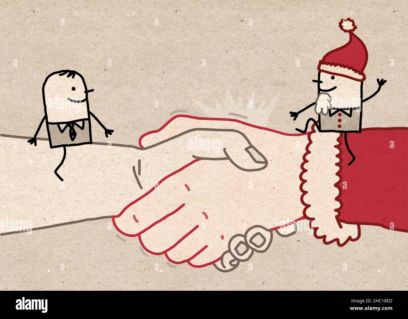 Hand drawn Cartoon Santa and Businessman meeting on a big Handshake ...