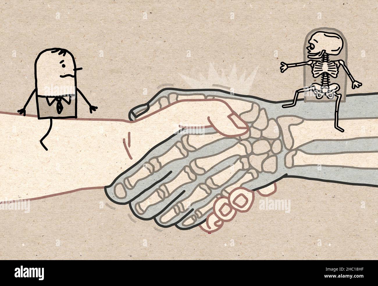 Hand drawn Cartoon Man and Skeleton Meeting on a big Handshake Stock ...