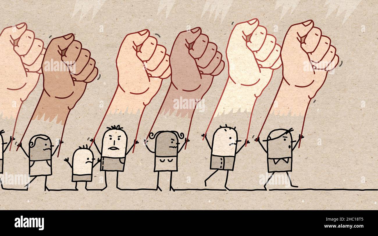 Hand drawn Cartoon Protesting People with Big multi-ethical Raised ...