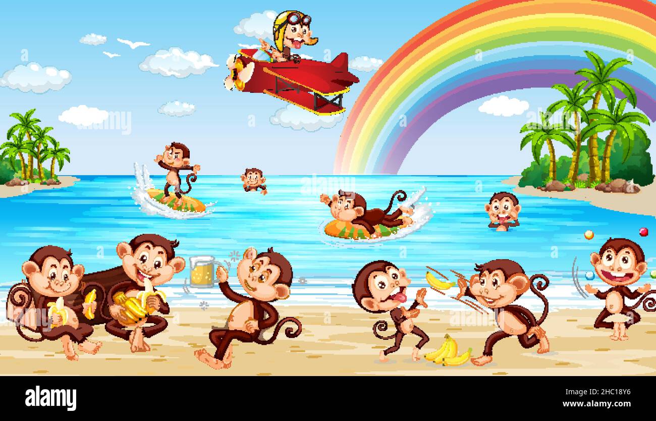 Beach scene with little monkeys doing different activities illustration ...