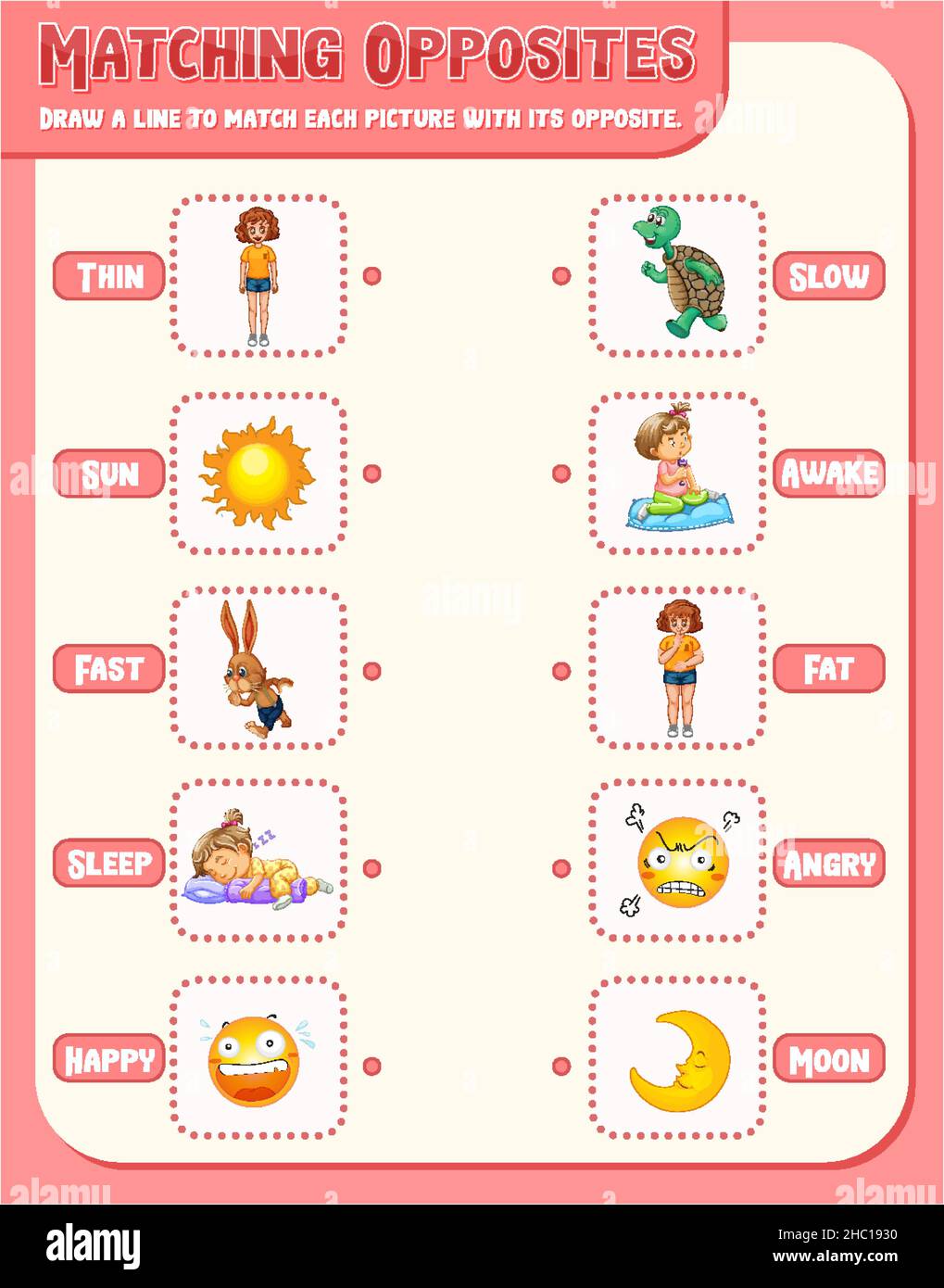 Matching opposite words worksheet template illustration Stock Vector ...