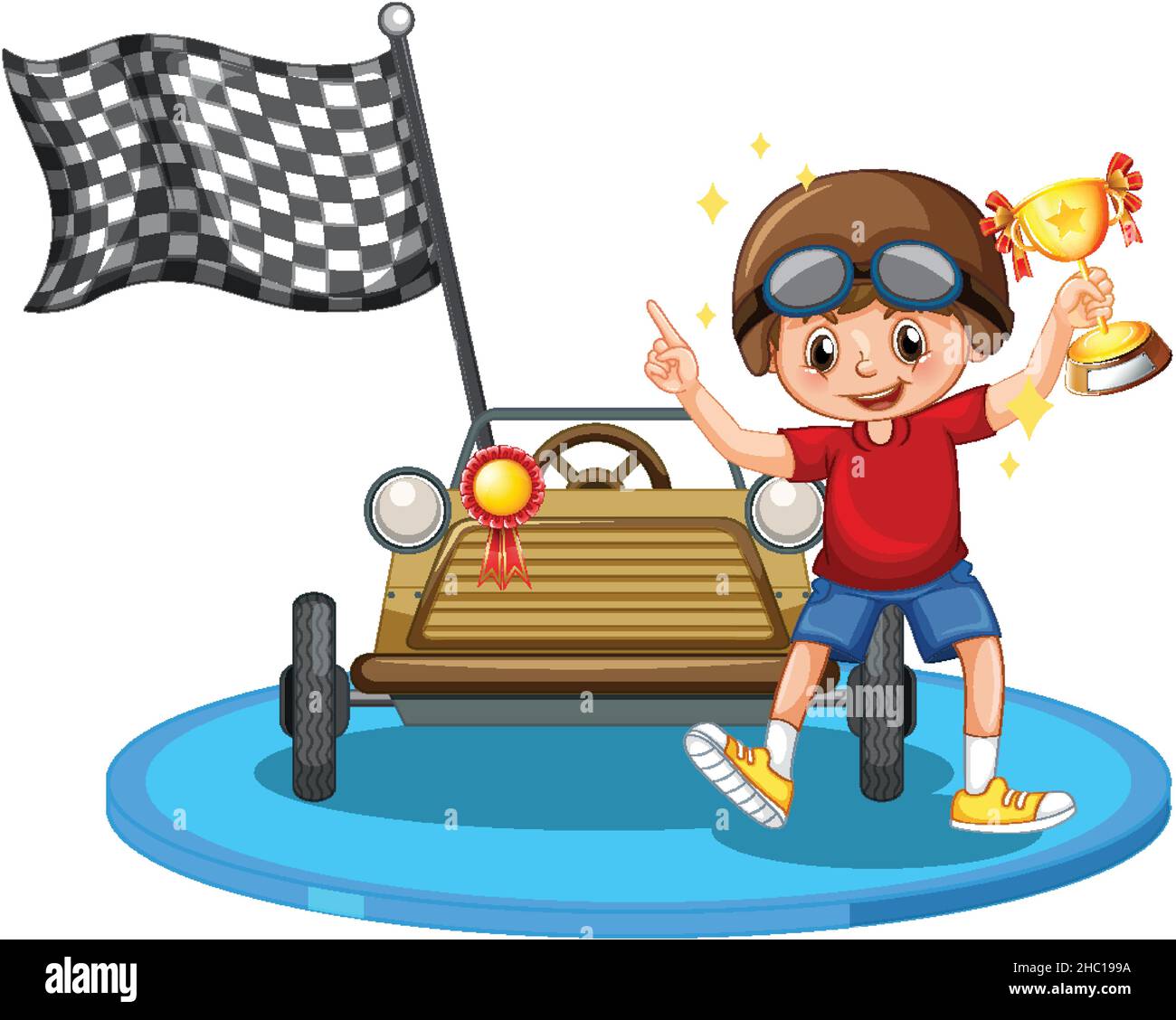 Winner boy holding trophy standing in front of race car illustration ...
