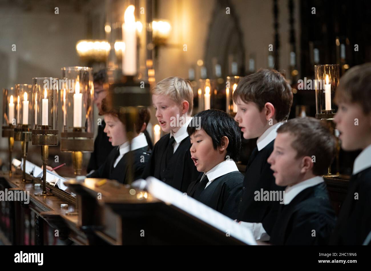 Choristers from the Choir of King's College, Cambridge, during a final rehearsal at King's ...