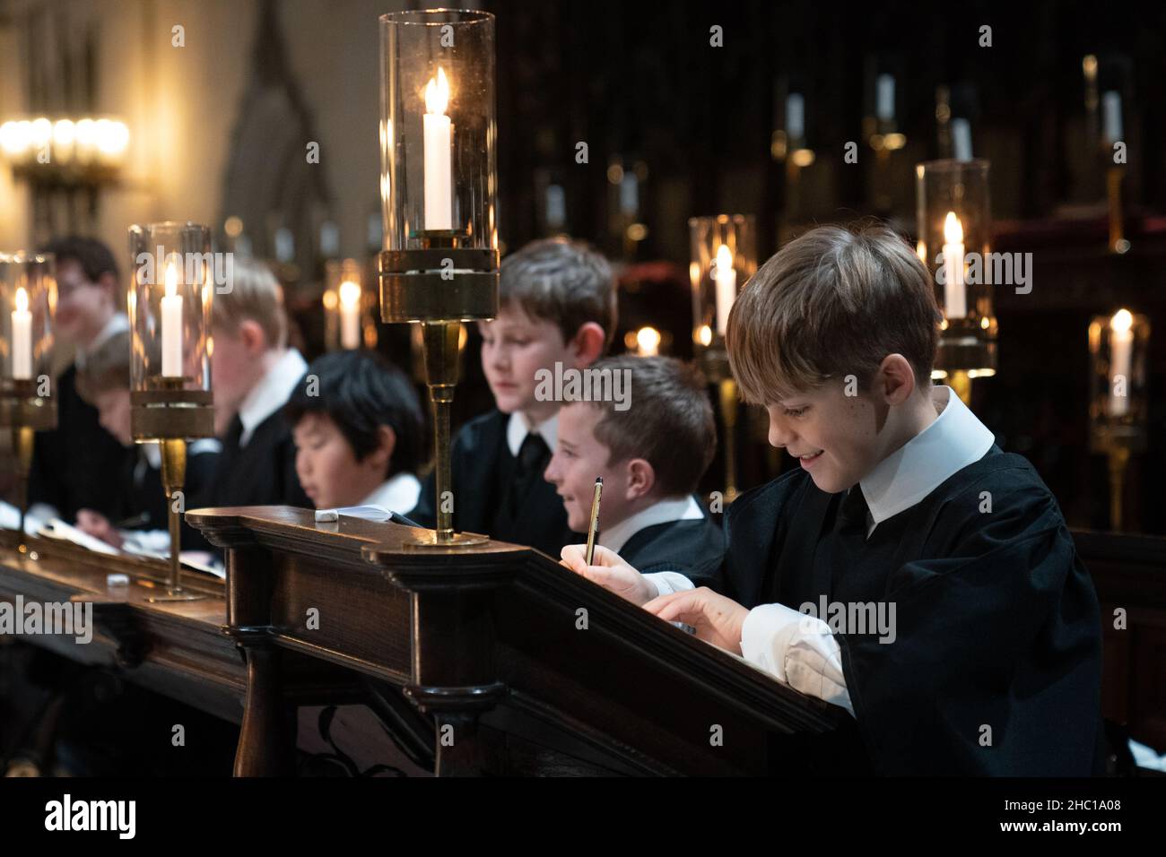Choristers from the Choir of King's College, Cambridge, during a final rehearsal at King's ...