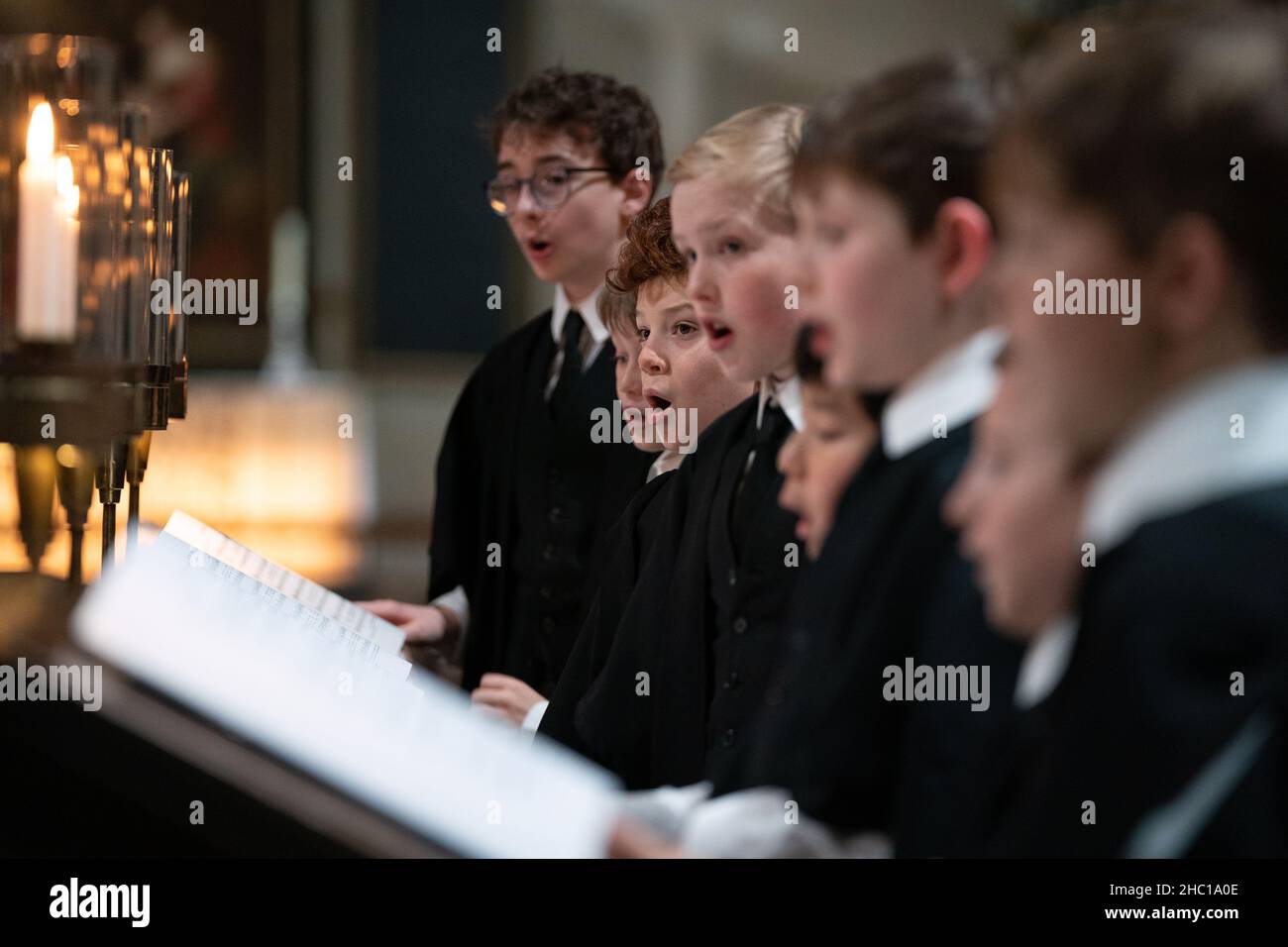 Choristers from the Choir of King's College, Cambridge, during a final rehearsal at King's ...