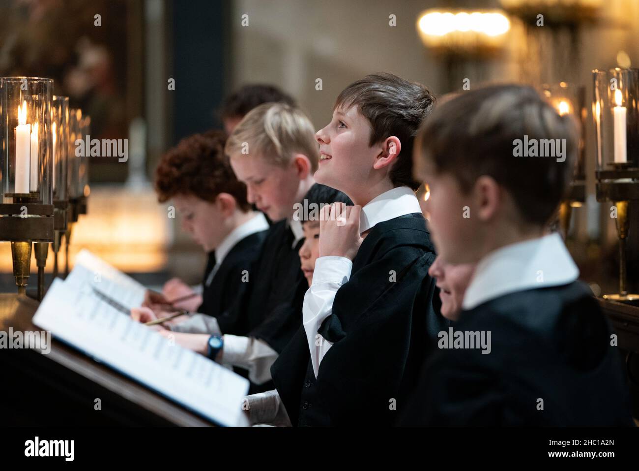 Choristers from the Choir of King's College, Cambridge, during a final rehearsal at King's ...