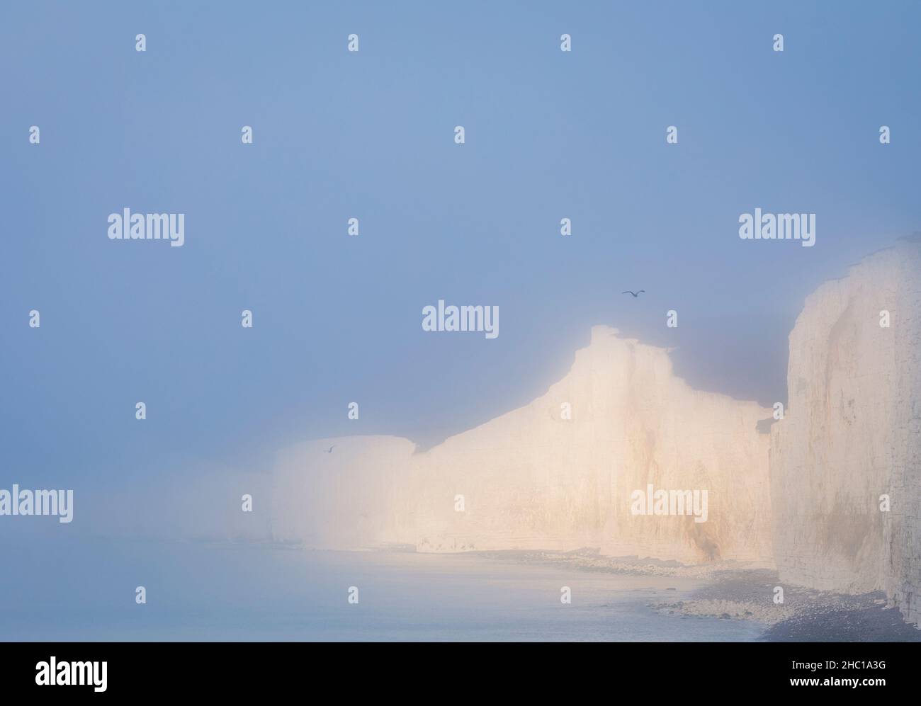 December morning fog coming in off the sea and partially obscuring the ...