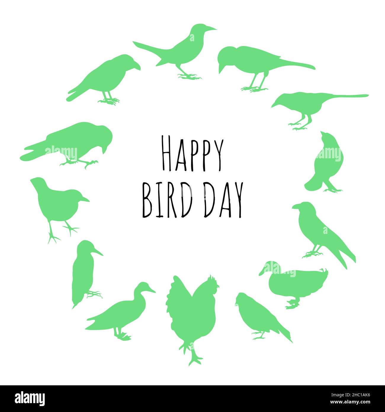 Happy bird day card with text and circle of birds silhouettes on white ...