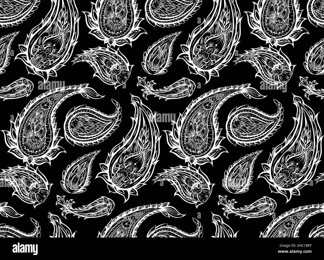 Vector seamless monochrome paisley pattern. White tribal flower texture ...