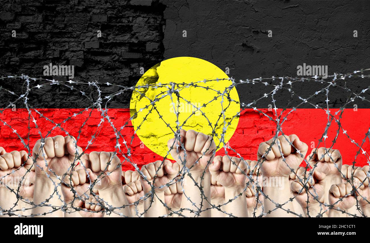 Barbed wire against the background of the inflicted flag of Australian ...