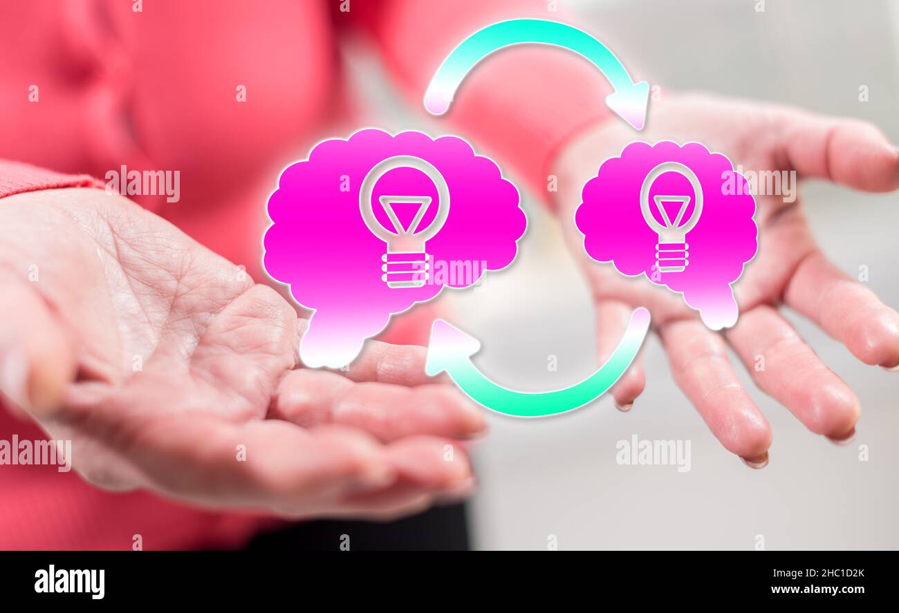 Knowledge sharing concept above the hands of a woman in background ...