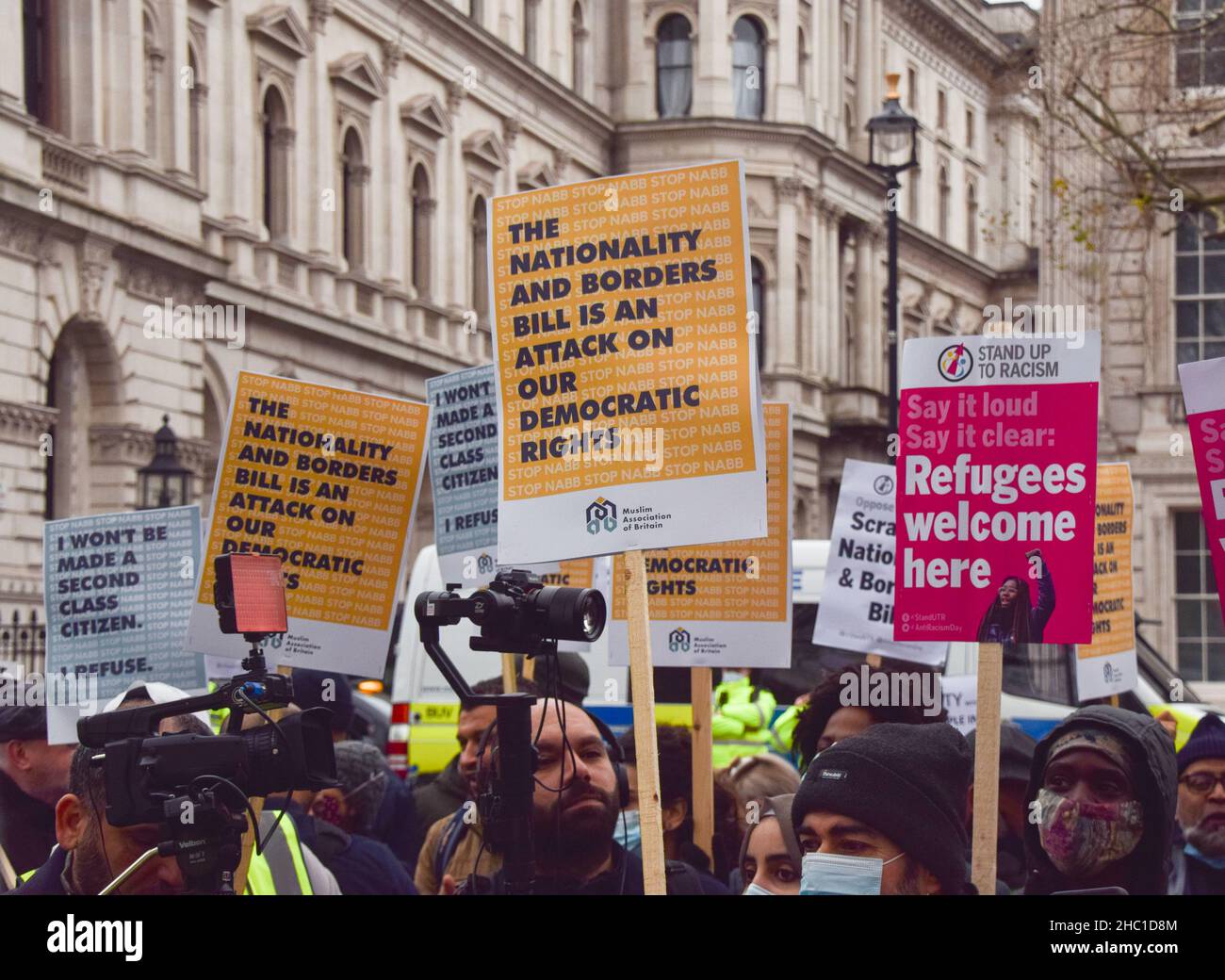 London, UK 19th December 2021. Demonstrators gathered outside Downing ...